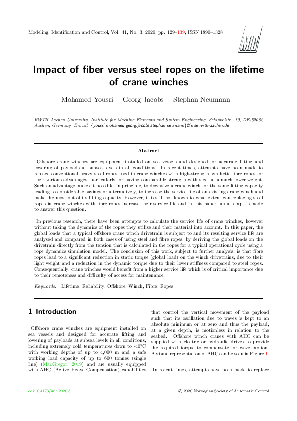 (PDF) Impact of fiber versus steel ropes on the lifetime of crane winches
