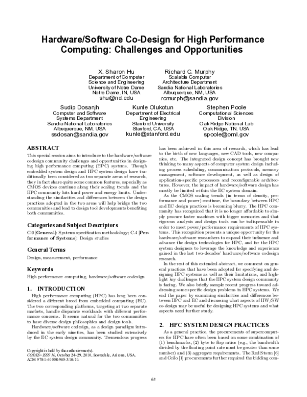Pdf Hardwaresoftware Co Design For High Performance Computing 