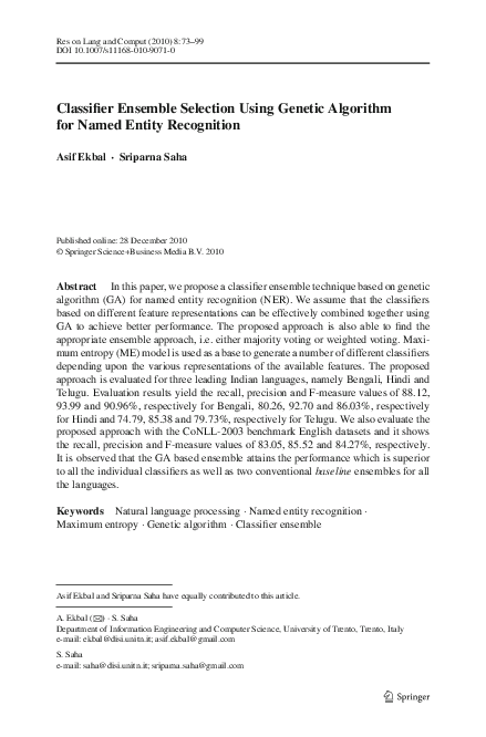 (PDF) Classifier Ensemble Selection Using Genetic Algorithm for Named Entity Recognition