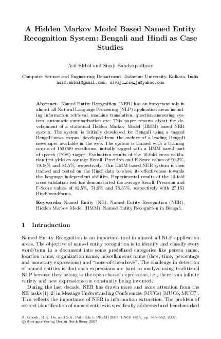 (PDF) A Hidden Markov Model Based Named Entity Recognition System ...