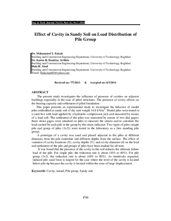 (PDF) Effect of Cavity in Sandy Soil on Load Distribution of Pile Group