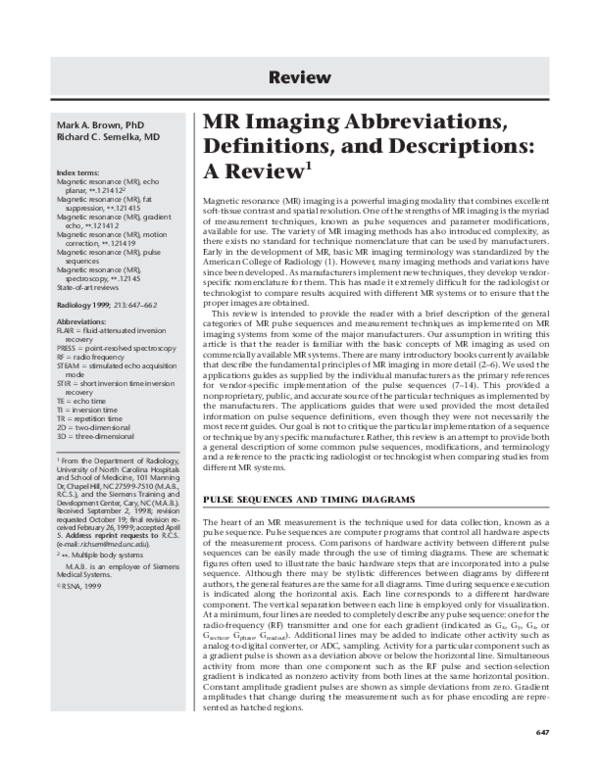 (PDF) MR Imaging Abbreviations, Definitions, and Descriptions: A Review