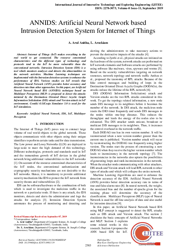 Pdf Annids Artificial Neural Network Based Intrusion Detection System For Internet Of Things 