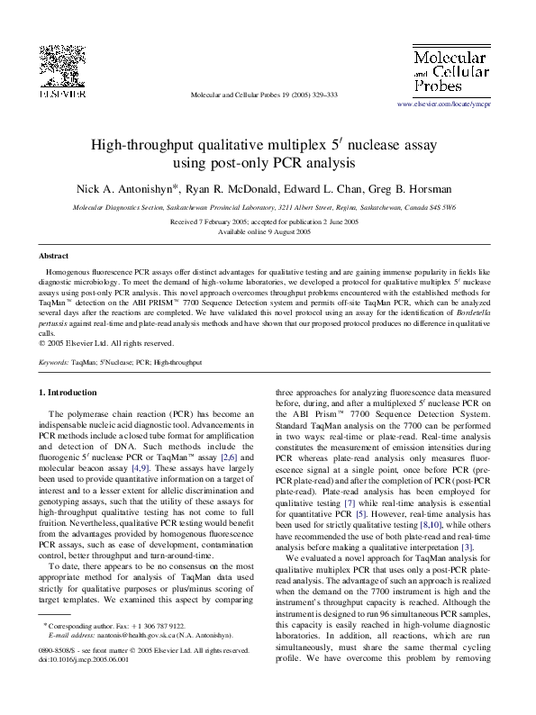 (PDF) High-throughput qualitative multiplex 5′ nuclease assay using post-only PCR analysis
