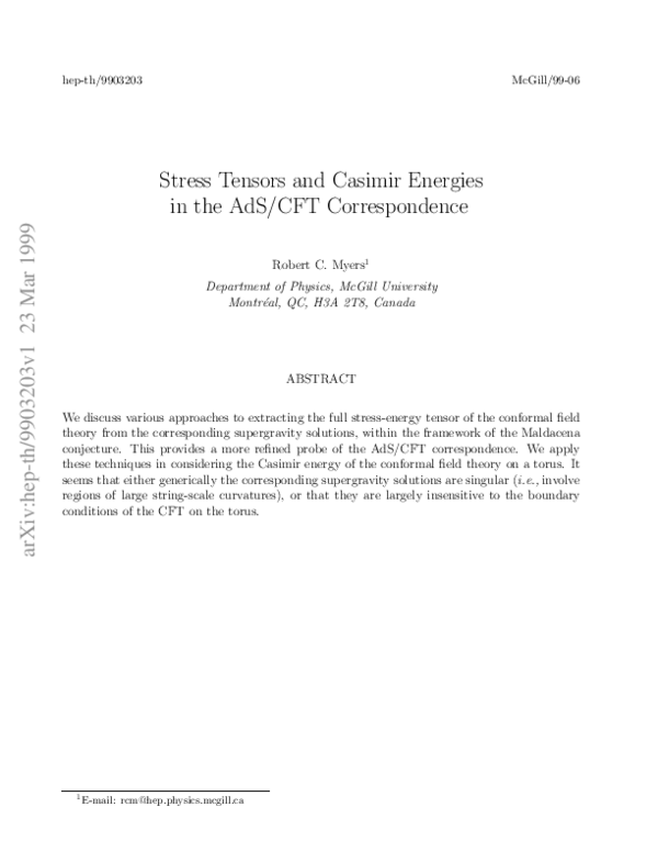 (PDF) Stress tensors and Casimir energies in the AdS-CFT correspondence