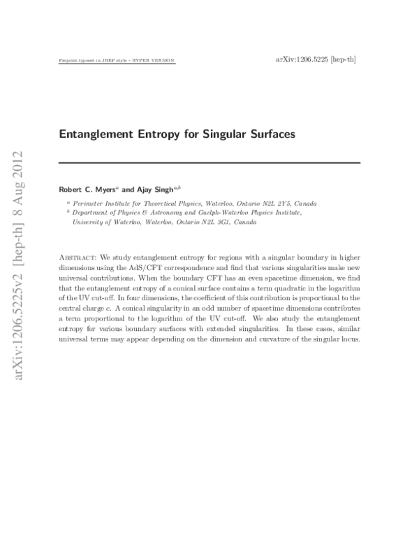 (PDF) Entanglement entropy for singular surfaces