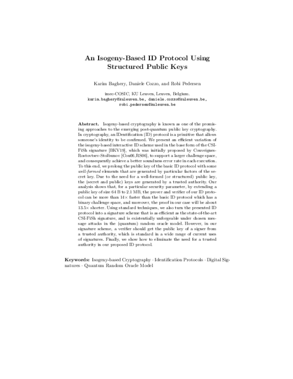 Pdf An Isogeny Based Id Protocol Using Structured Public Keys