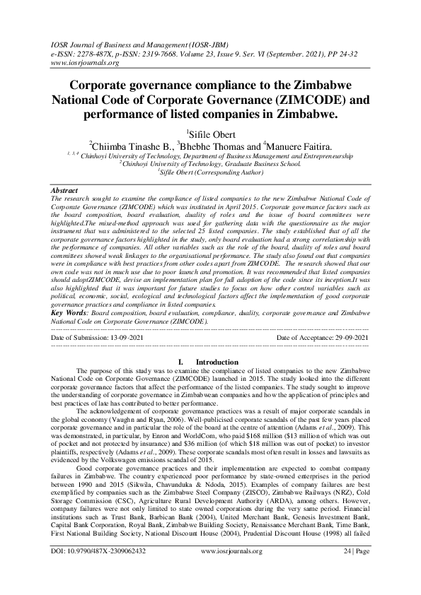 (PDF) Corporate governance compliance to the Zimbabwe National Code of ...