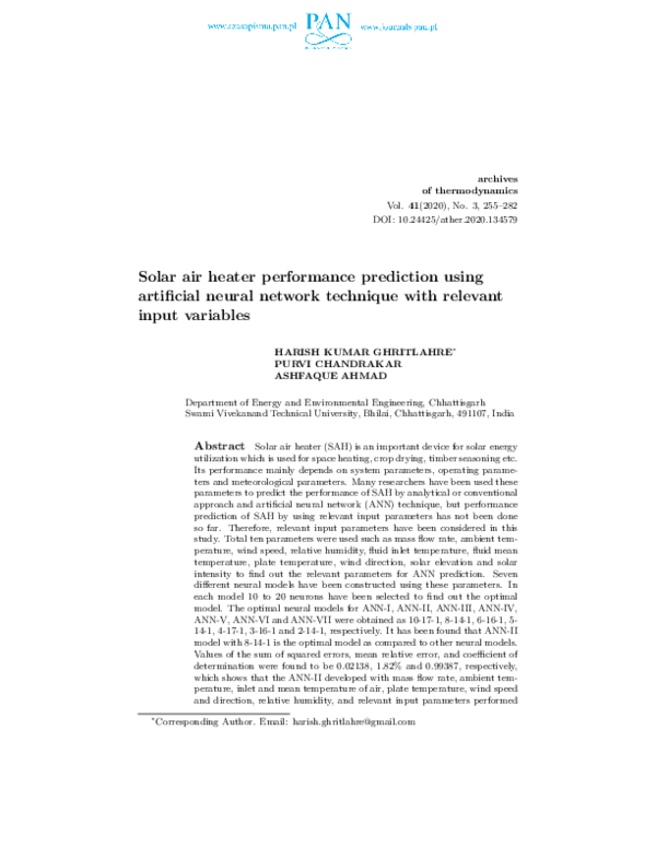 (PDF) Solar air heater performance prediction using artificial neural network technique with ...