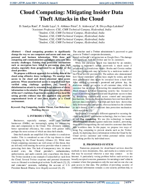 (PDF) Cloud Computing: Mitigating Insider Data Theft Attacks in the Cloud