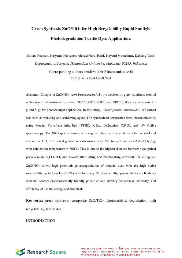 (PDF) Green Synthesis ZnO/TiO2 for High Recyclability Rapid Sunlight ...