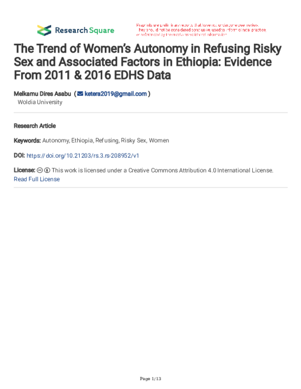 (PDF) The Trend of Women's Autonomy in Refusing Risky Sex and ...