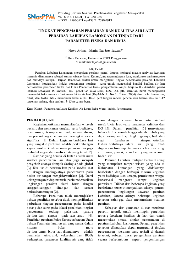(PDF) Tingkat Pencemaran Perairan Dan Kualitas Air Laut Perairan ...