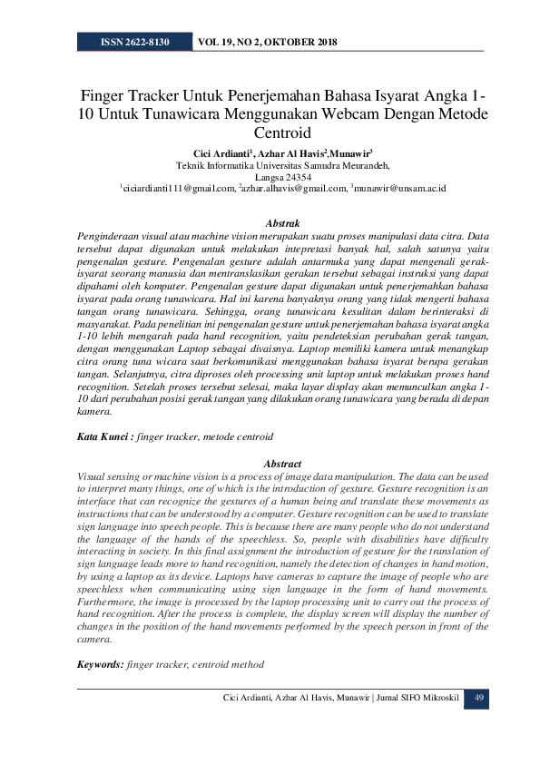 (PDF) Finger Tracker Untuk Penerjemahan Bahasa Isyarat Angka 1-10 Untuk ...