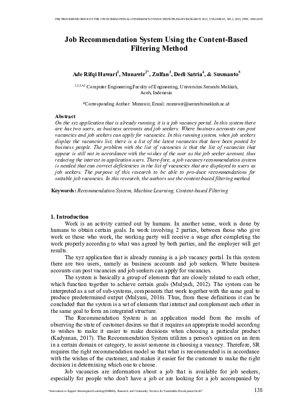 (PDF) Job Recommendation System Using the Content-Based Filtering Method