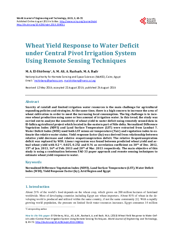 (PDF) Wheat Yield Response to Water Deficit under Central Pivot Irrigation System Using Remote ...