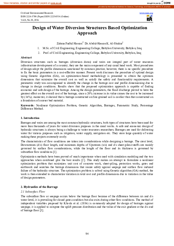 (PDF) Design of Water Diversion Structures Based Optimization Approach