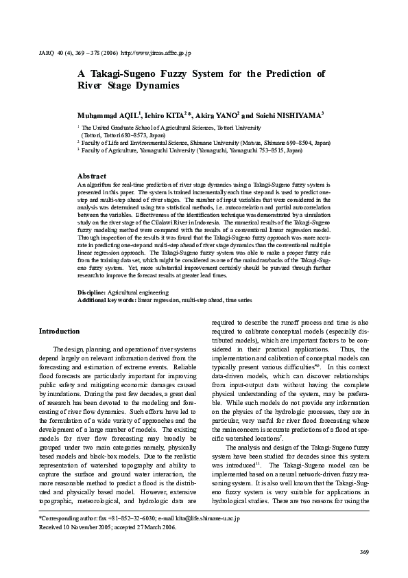 (PDF) A Takagi-Sugeno Fuzzy System for the Prediction of River Stage Dynamic
