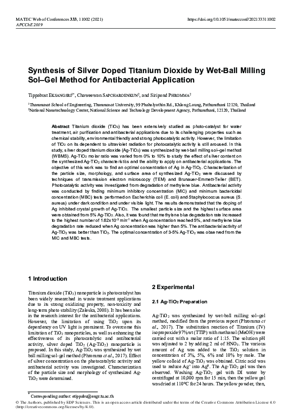(PDF) Synthesis of Silver Doped Titanium Dioxide by Wet-Ball Milling Sol–Gel Method for ...