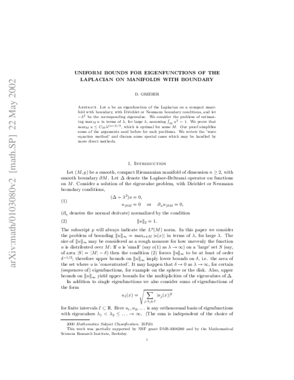 (PDF) Uniform Bounds for Eigenfunctions of the Laplacian on Manifolds with Boundary*