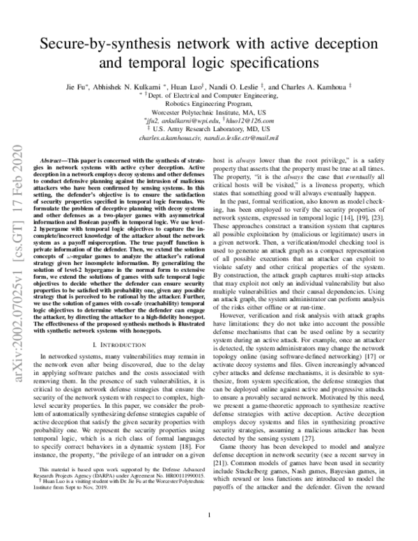 (PDF) Secure-by-synthesis network with active deception and temporal logic specifications