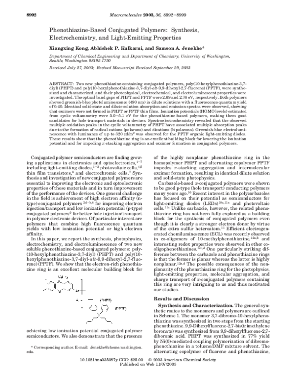 (PDF) Phenothiazine-Based Conjugated Polymers: Synthesis, Electrochemistry, and Light-Emitting ...