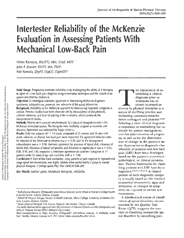 (PDF) Intertester Reliability of the McKenzie Evaluation in Assessing ...