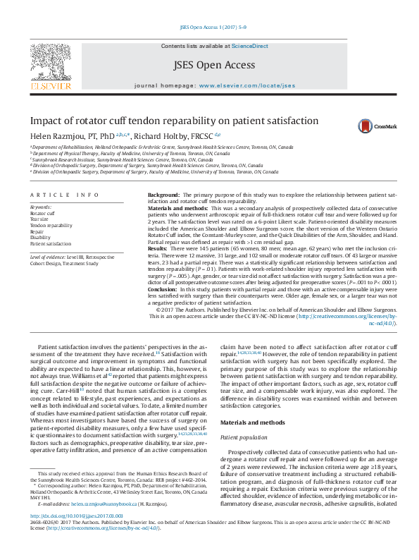 (PDF) Impact of rotator cuff tendon reparability on patient satisfaction