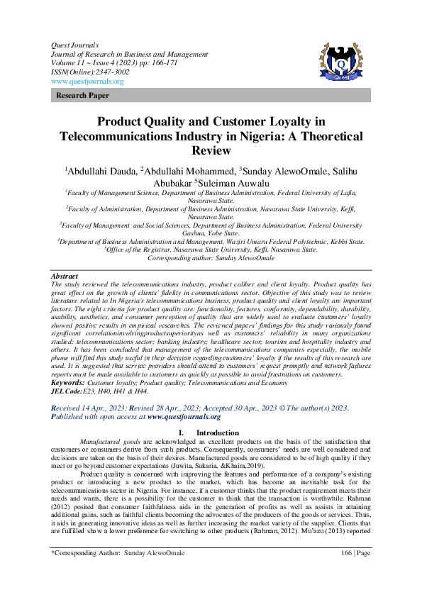 (PDF) Product Quality and Customer Loyalty in Telecommunications ...