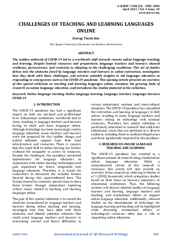 (PDF) CHALLENGES OF TEACHING AND LEARNING LANGUAGES ONLINE
