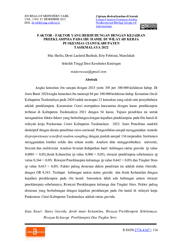 (PDF) Faktor - Faktor Yang Berhubungan Dengan Kejadian Preeklampsia Pada Ibu Hamil DI Wilayah ...