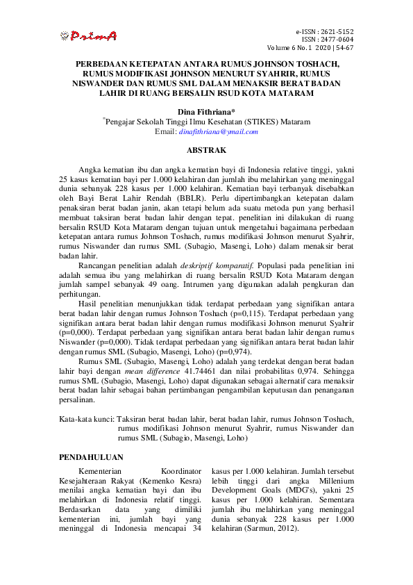 (PDF) Perbedaan Ketepatan Antara Rumus Johnson Toshach, Rumus ...