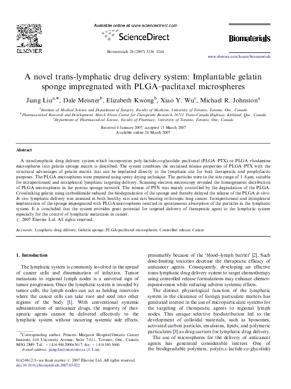 (PDF) A novel trans-lymphatic drug delivery system: Implantable gelatin ...
