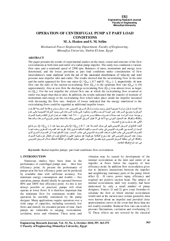 (PDF) Operation of Centrifugal Pump at Part Load Conditions