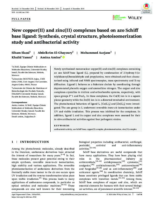 (PDF) New copper(II) and zinc(II) complexes based on azo Schiff base ligand: Synthesis, crystal ...