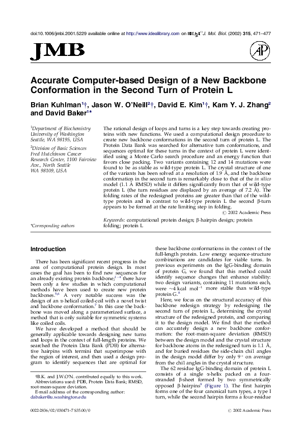 (PDF) Accurate computer-based design of a new backbone conformation in the second turn of protein L