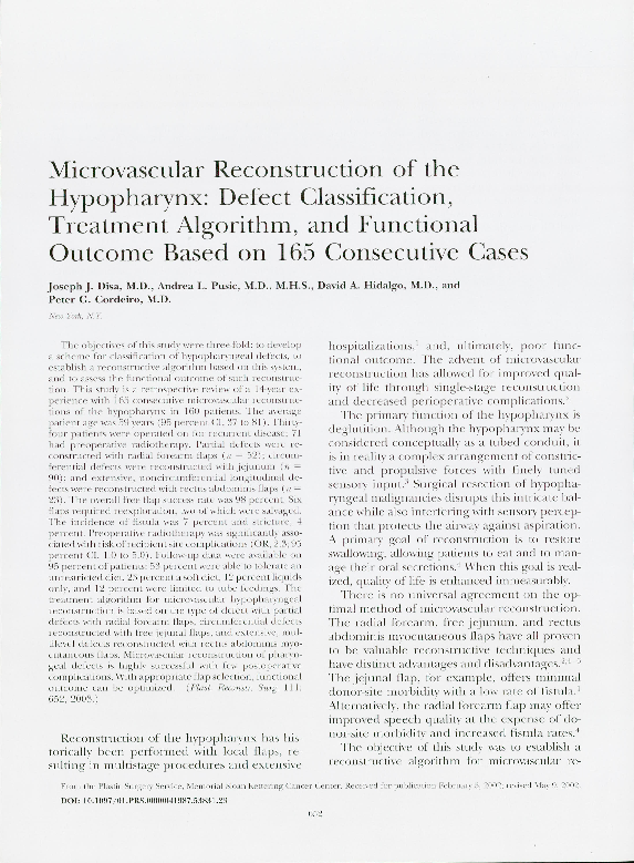 (PDF) Microvascular Reconstruction of the Hypopharynx: Defect ...