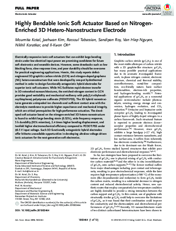 (PDF) Highly Bendable Ionic Soft Actuator Based on Nitrogen-Enriched 3D Hetero-Nanostructure ...