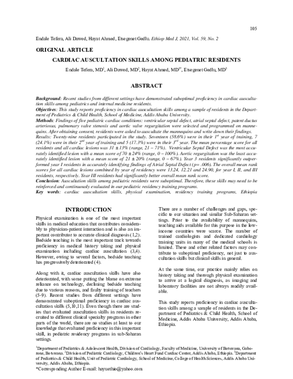 (PDF) Cardiac Auscultation Skills among Pediatric Residents | Etsegenet ...