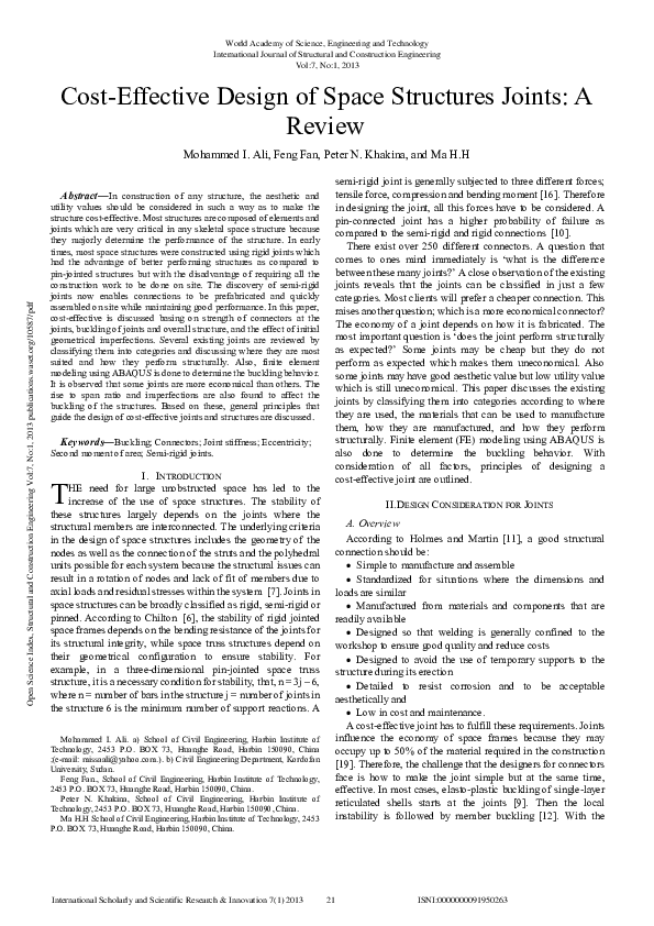 (PDF) Cost-Effective Design Of Space Structures Joints: A Review
