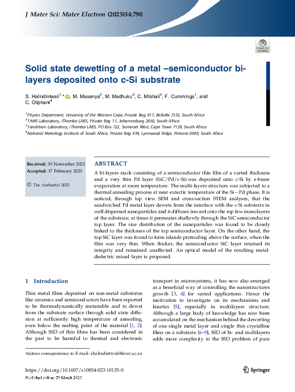 (PDF) Solid state dewetting of a metal –semiconductor bi-layers ...