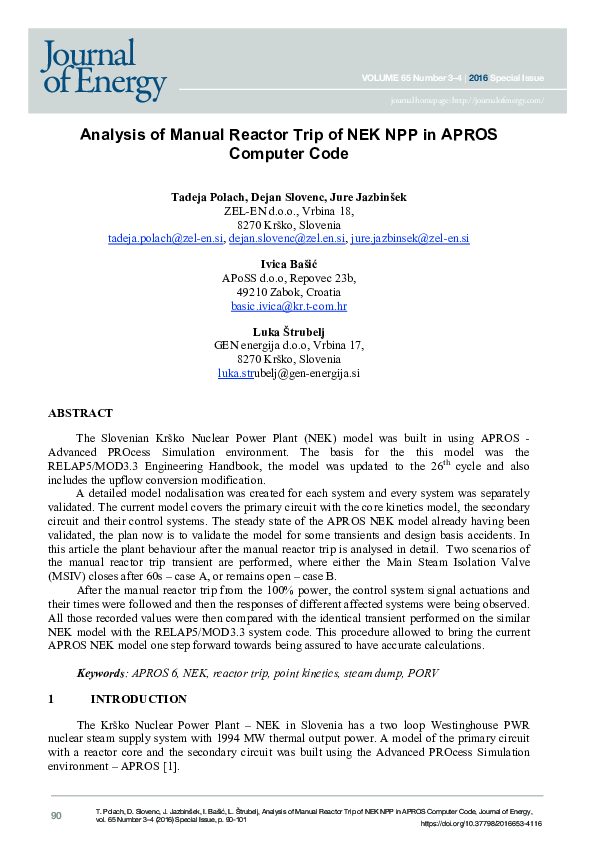 (PDF) Analysis of Manual Reactor Trip of NEK NPP in APROS Computer Code