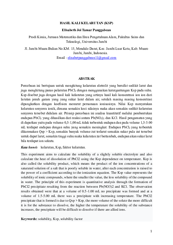(PDF) HASIL KALI KELARUTAN (KSP