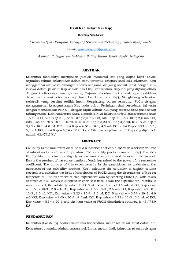 (PDF) Hasil Kali Kelarutan (Ksp)