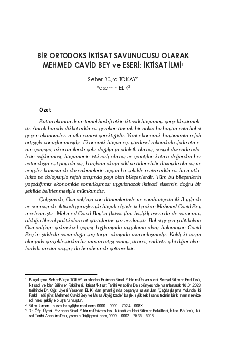(PDF) BİR ORTODOKS İKTİSAT SAVUNUCUSU OLARAK MEHMED CAVİD BEY ve ESERİ ...