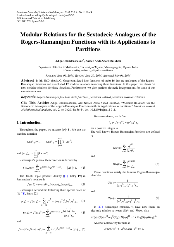 Pdf Modular Relations For The Sextodecic Analogues Of The Rogers Ramanujan Functions With Its