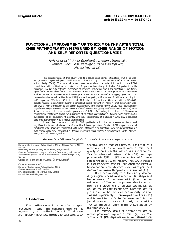 Functional Improvement Up To Six Months After Total Knee Arthroplasty Measured By Knee Range Of