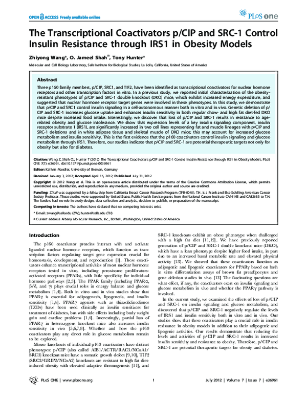 (PDF) The Transcriptional Coactivators p/CIP and SRC-1 Control Insulin ...