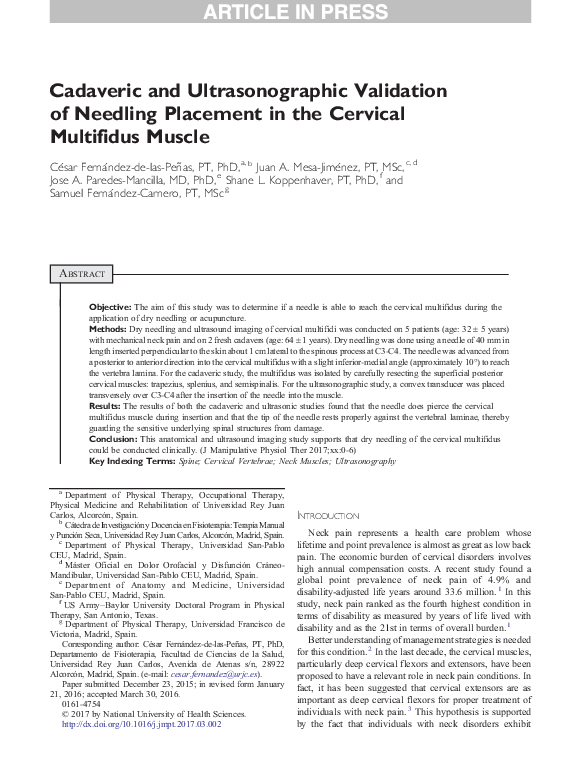 (PDF) Cadaveric and Ultrasonographic Validation of Needling Placement ...