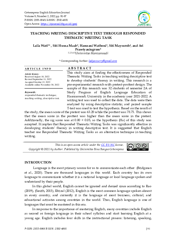 Pdf Teaching Writing Descriptive Text Through Responded Thematic Writing Task